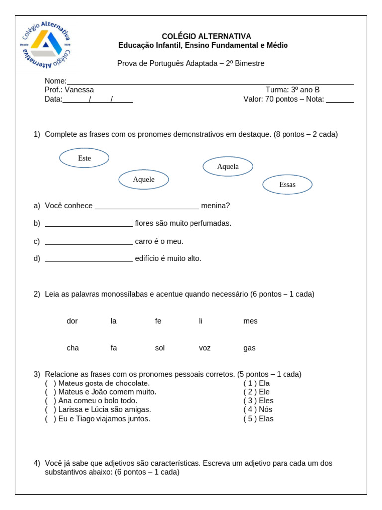 Prova de Português 3º Ano B - 2º Bimestre | PDF | Pronome | Famílias ...