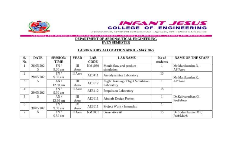 Lab Schedule April May 2025 - Aero | PDF