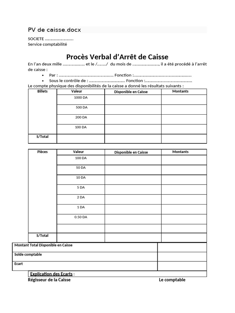 Procès Verbal d'Arrêt de Caisse | PDF