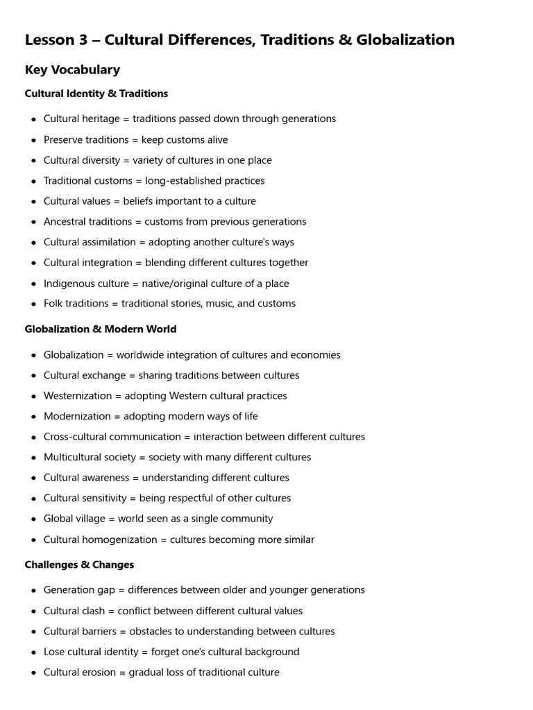 IELTS Speaking - Cultural Differences, Traditions & Globalization | PDF | Multiculturalism ...