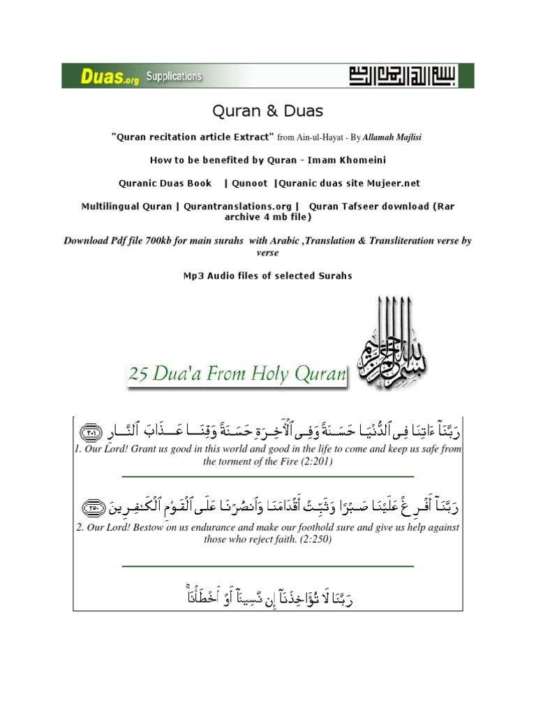 Quran & Duas: Download PDF File 700kb For Main Surahs With Arabic, Translation & Transliteration ...