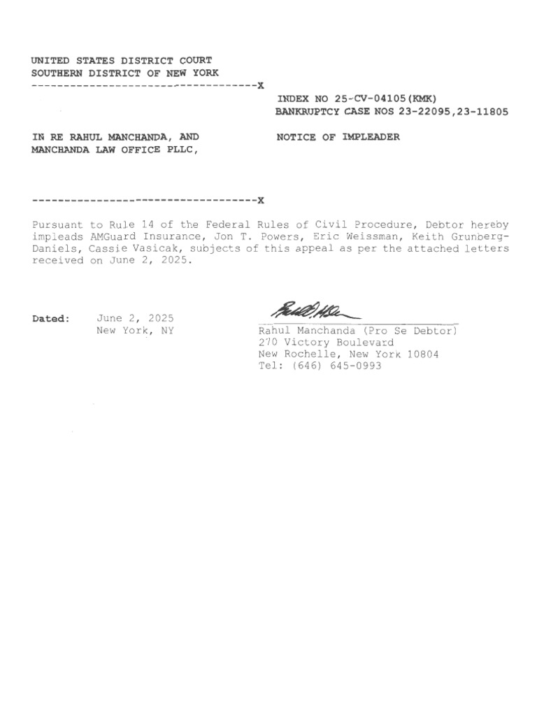 Notice of Impleader of AMGuard Insurance, Jon T Powers, Eric Weissman ...