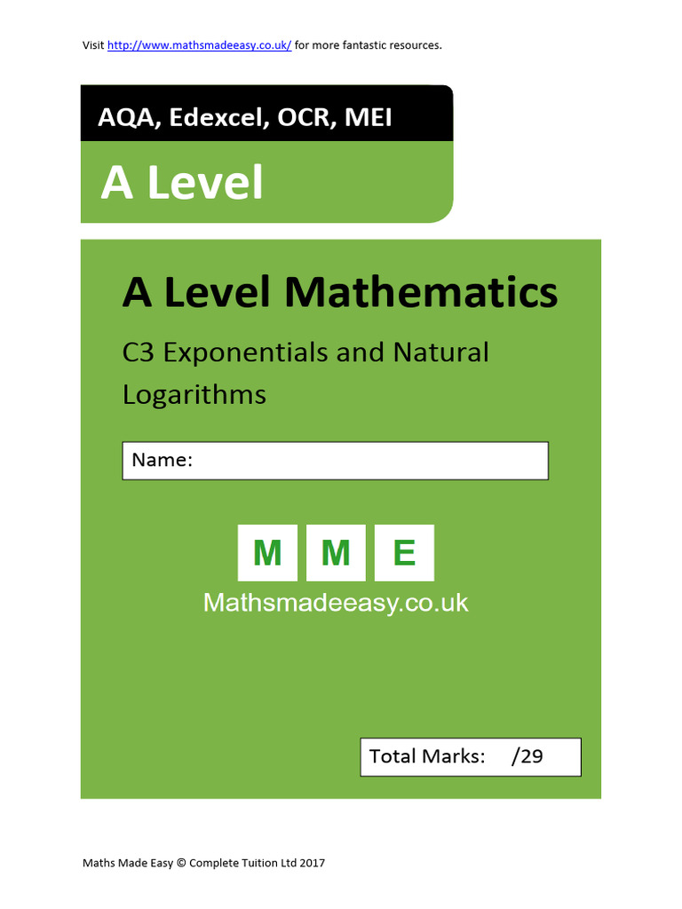 C3 A Level Maths Exponentials and Natural Logarithms Questions All | PDF | Logarithm ...