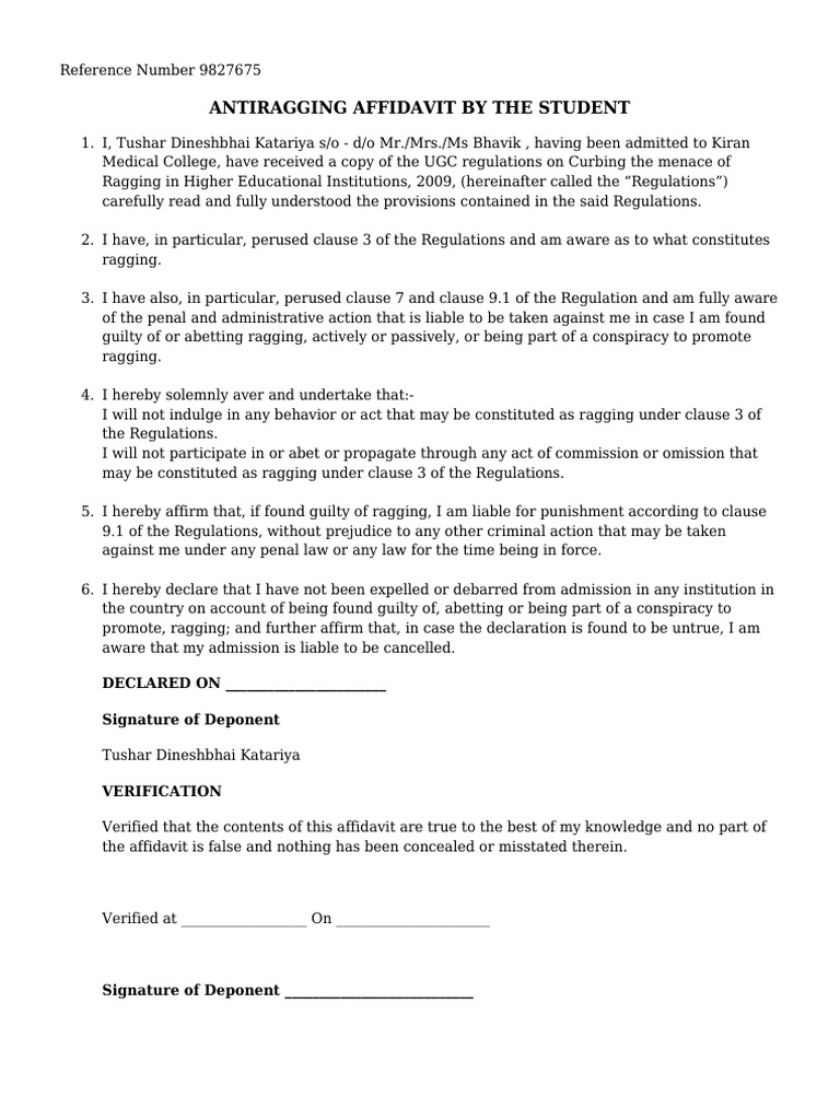 Anti Ragging Affidavit Form | PDF | Affidavit