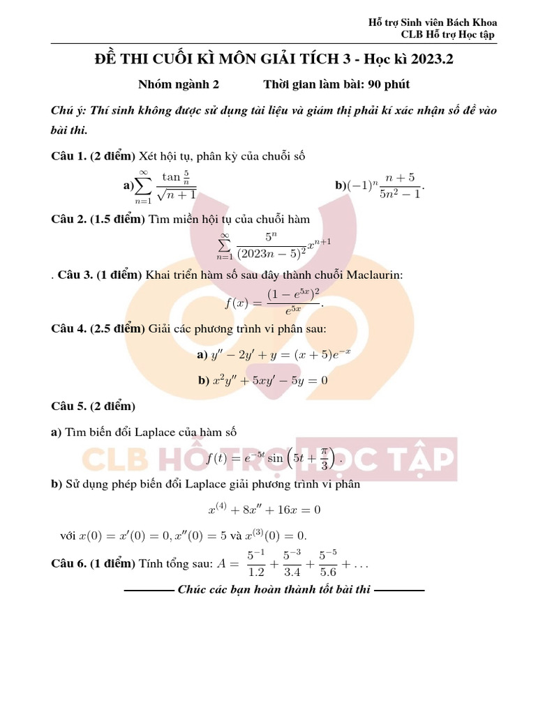 Đề Và Lời Giải Chi Tiết - Giải Tích 3 - NN2 - Cuối Kỳ 2023.2 | PDF