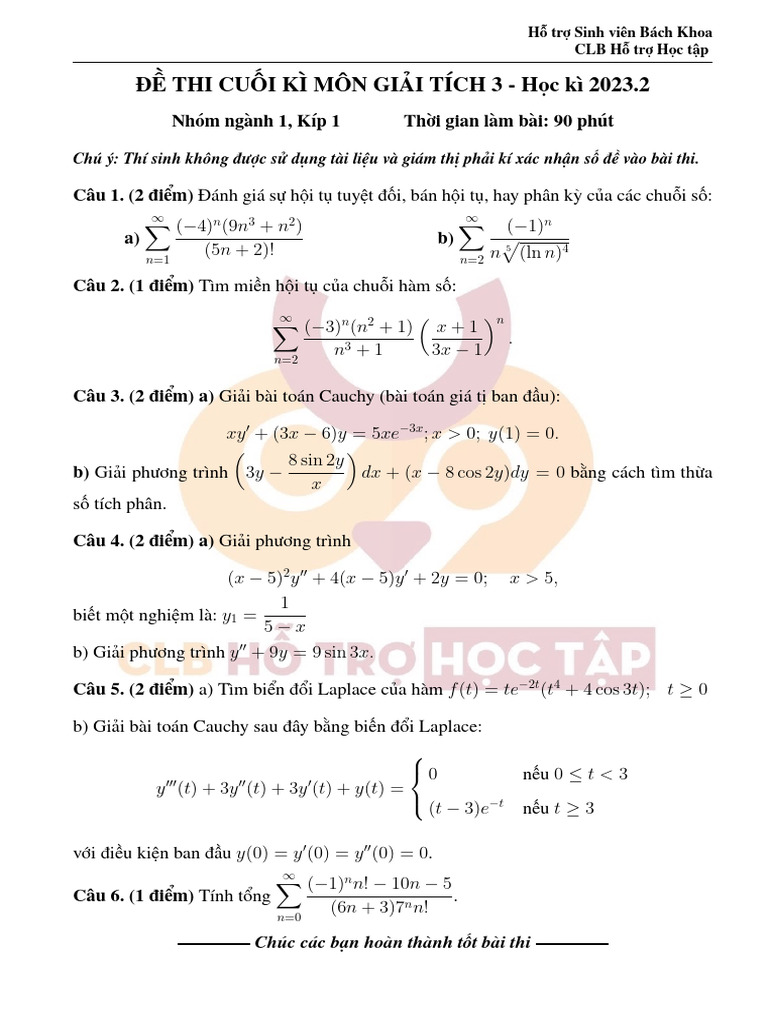 Đề Và Lời Giải Chi Tiết - Giải Tích 3 - NN1, Kíp 1 - Cuối Kỳ 2023.2 | PDF
