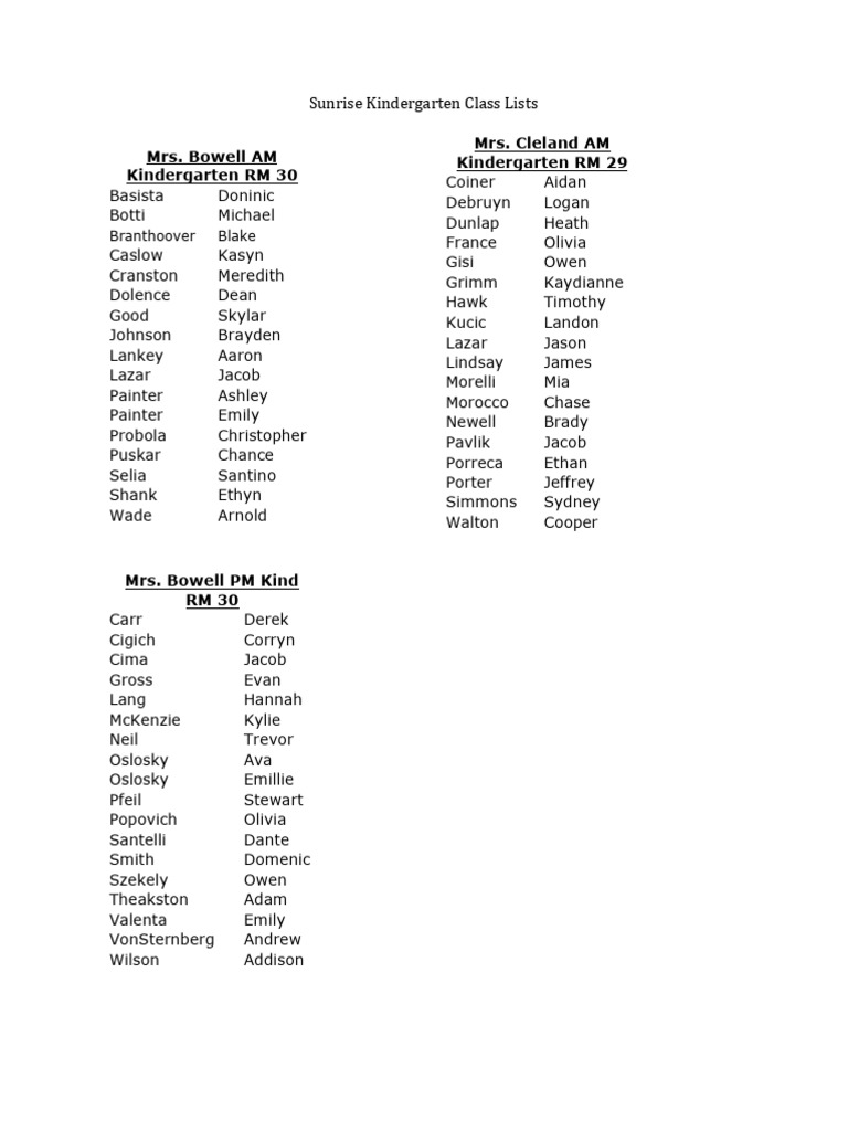Kindergarten Class Lists 2023 | PDF