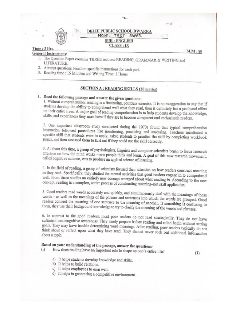 English Model Test Paper Class 9 | PDF