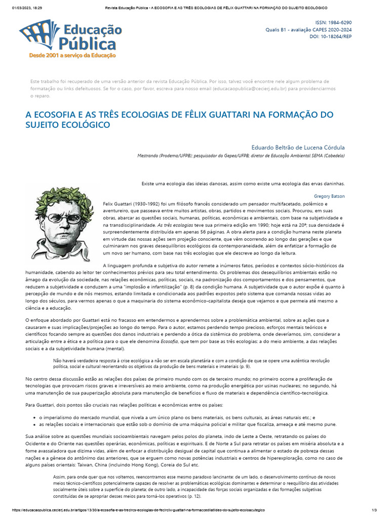 Ecosofia e Três Ecologias de Guattari | PDF | Science | Ecologia