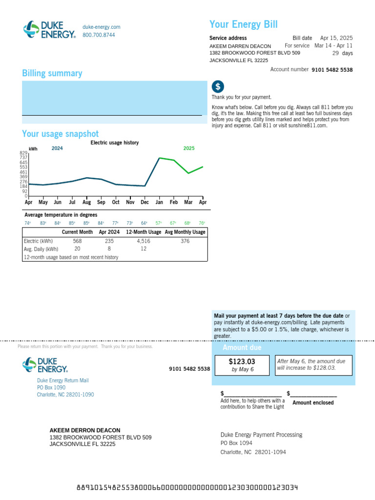 Duke Energy Monthly Bill Summary | PDF