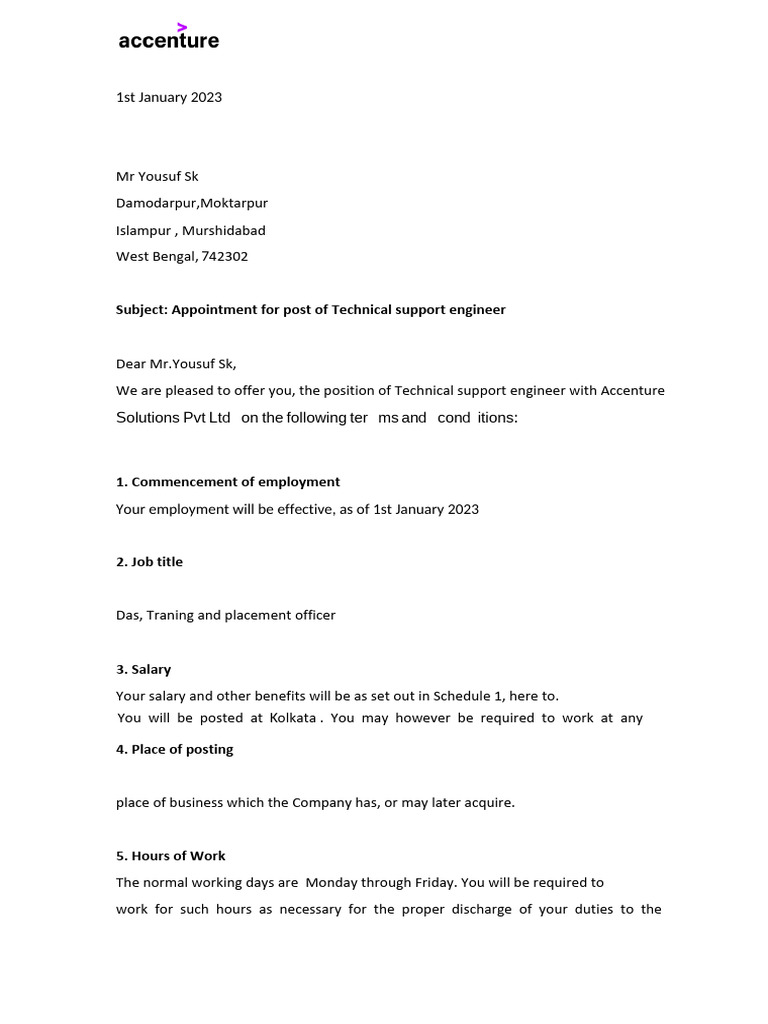 Appointment Letter in Accenture Solutions PVT LTD | PDF | Employment | Salary