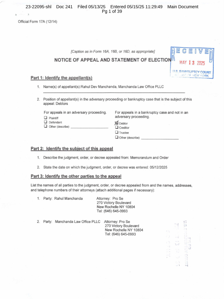 B - 17a Notice of Appeal Filed | PDF | Bankruptcy | Lawsuit