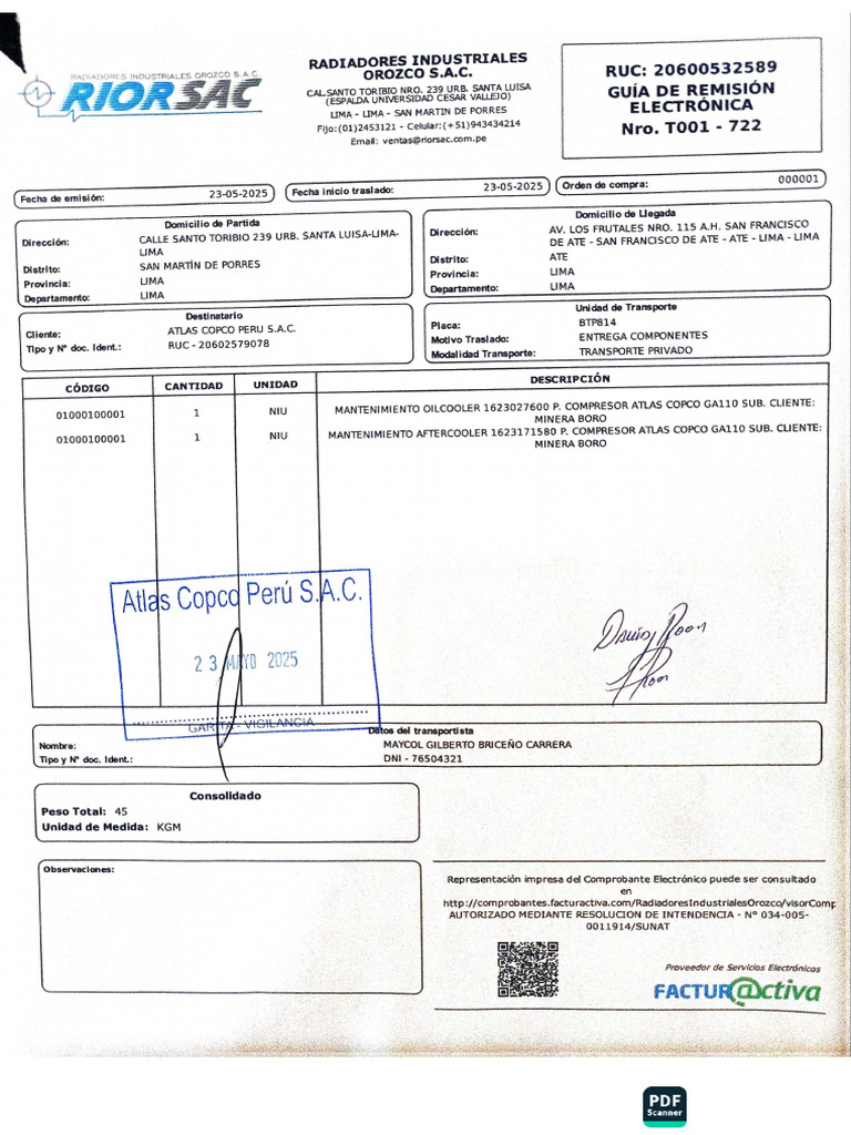 Guía de Entrega Riorsac T001-722 | PDF