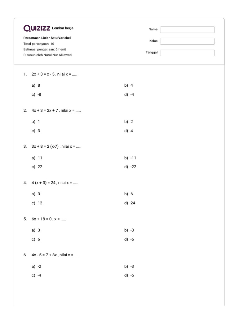Persamaan Linier Satu Variabel | PDF