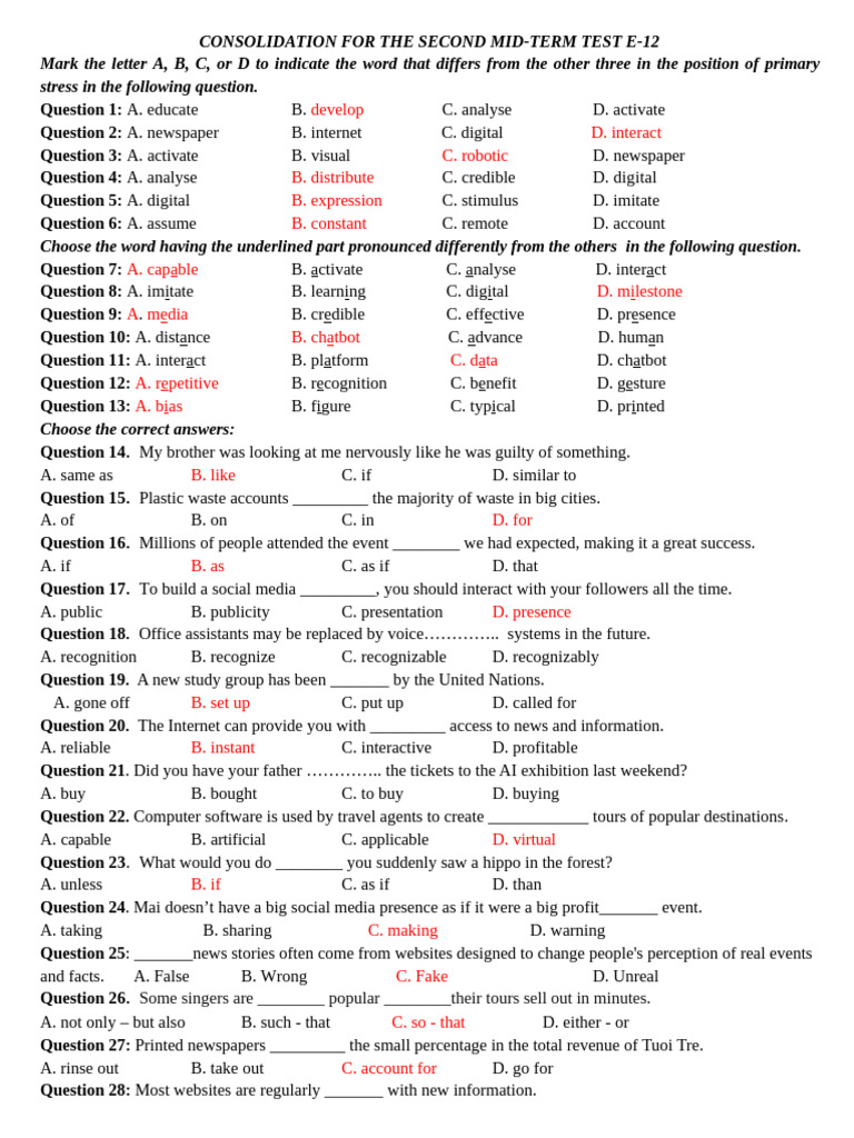 Ôn Tập Ktgk 2 Anh 12 Key | PDF | Artificial Intelligence | Intelligence (AI) & Semantics