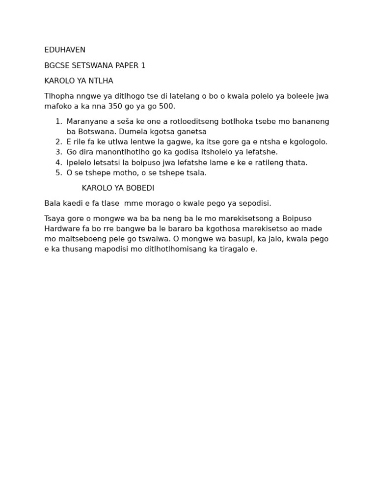 BGCSE Setswana Paper 1 Guidelines | PDF