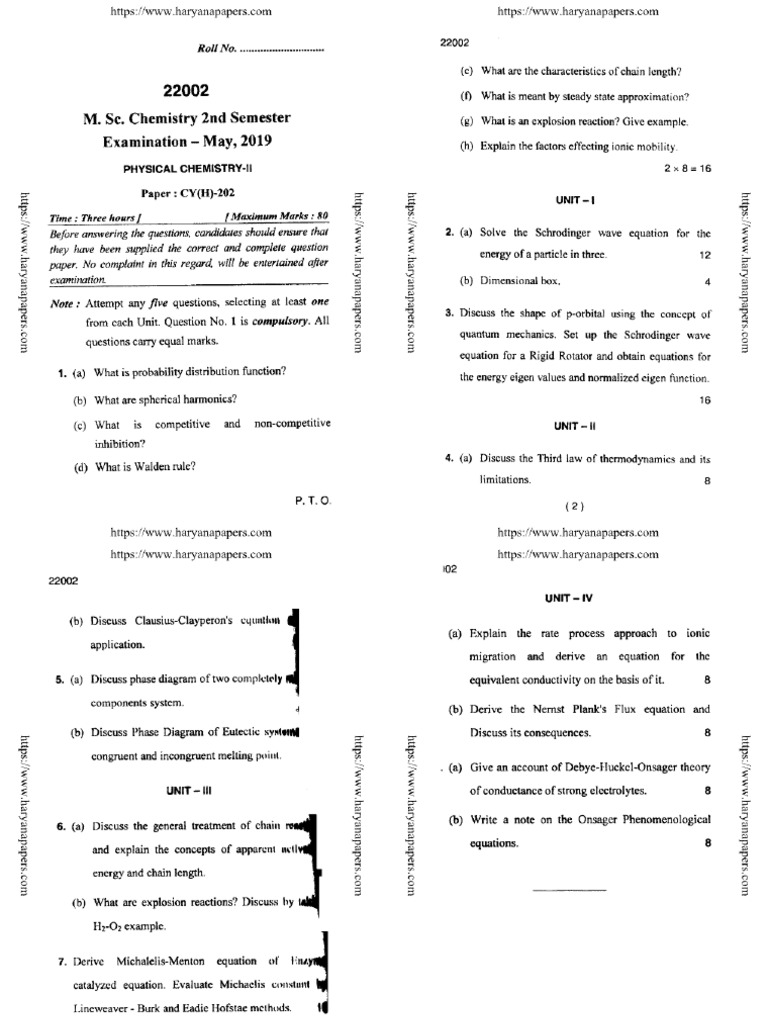 Msc 2 Sem Chemistry Physical Chemistry 2 22002 May 2019 | PDF