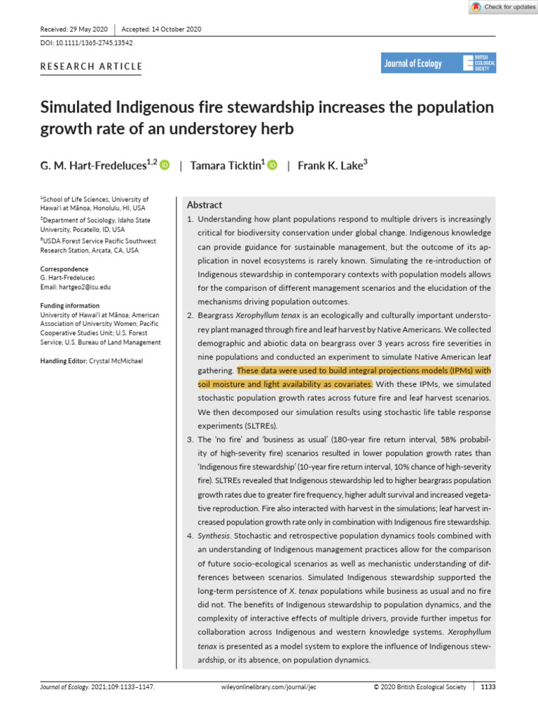 Simulated Indigenous Fire Stewardship Increases The Population Growth ...