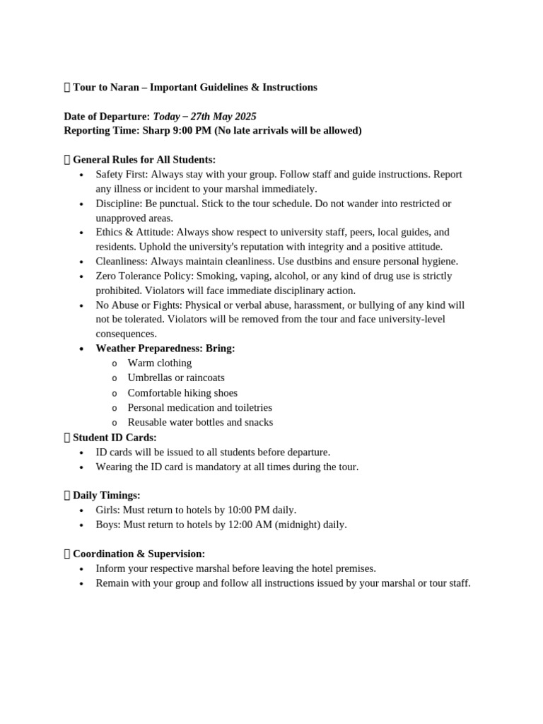Guidelines Regarding Tour | PDF