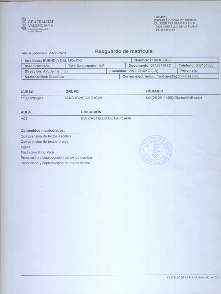 Resguardo Matrícula Eoi | PDF
