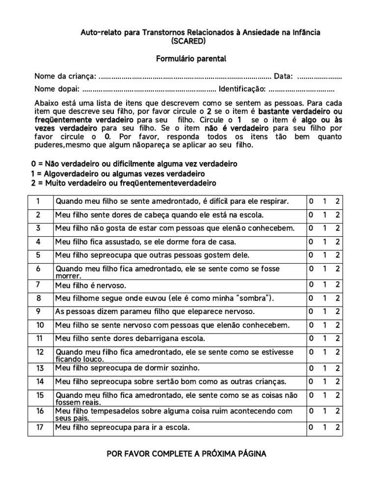 Escala SCARED Versão Pais | PDF