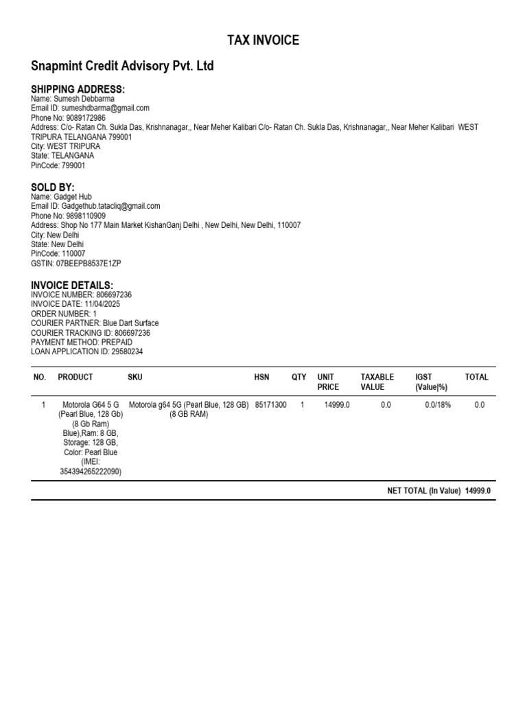 Tax Invoice Snapmint Credit Advisory Pvt. LTD: Shipping Address | PDF