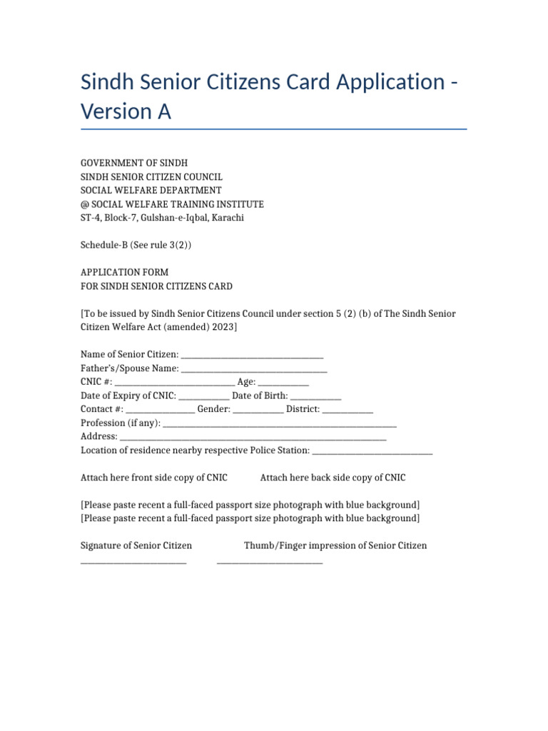 Sindh Senior Citizen Card Application | PDF