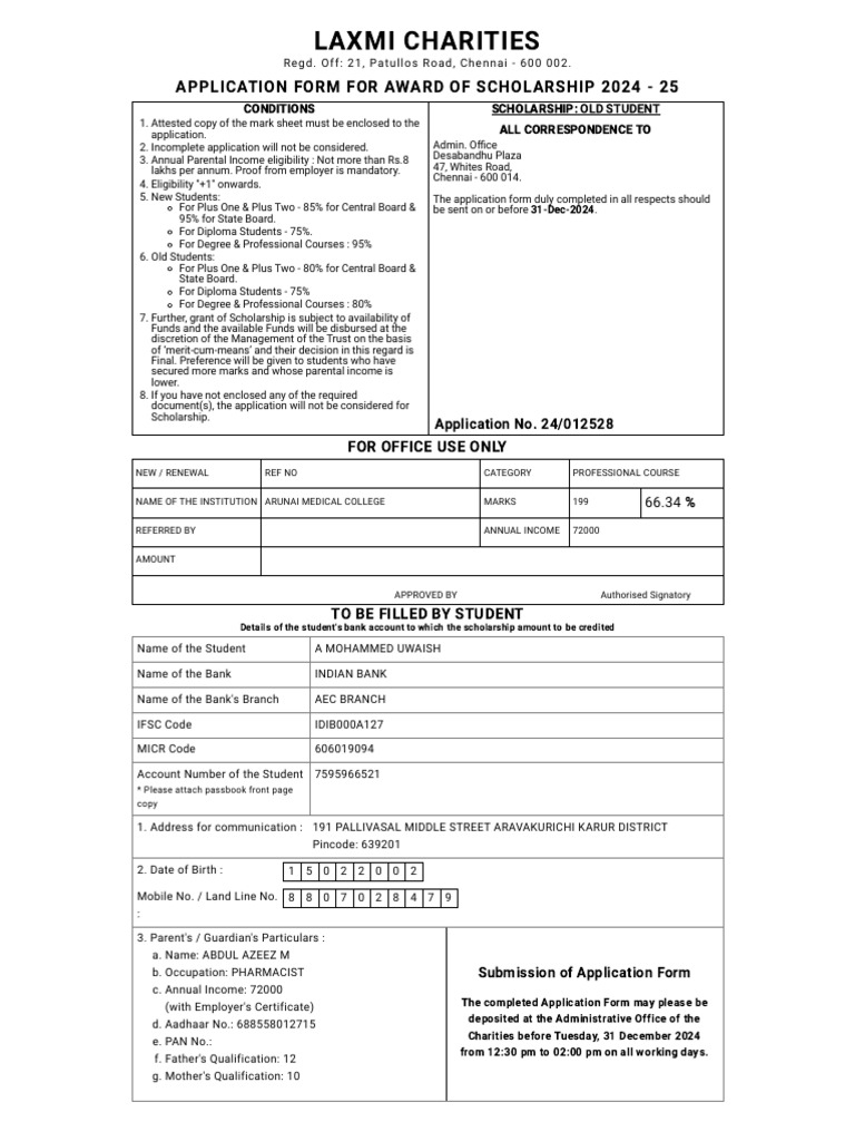 Laxmi Charities Scholarship 2024-25 Application | PDF