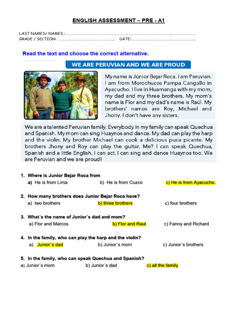 Evaluacion Ingles Pre - A1 | PDF