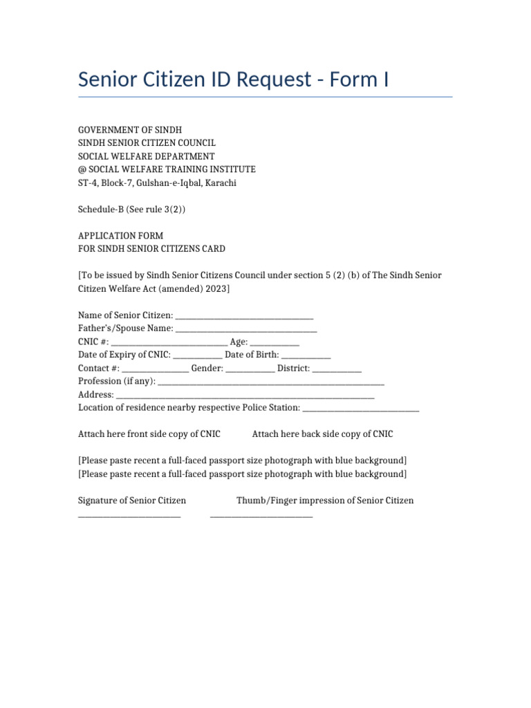 Sindh Senior Citizen Card Application Form | PDF