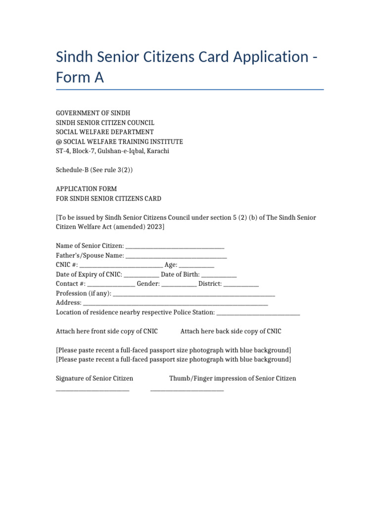 Sindh Senior Citizen Card Application Form | PDF