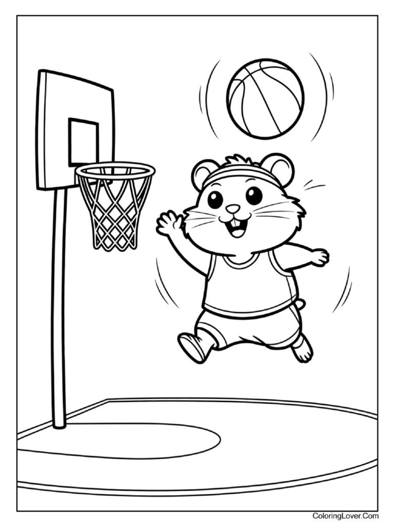 Cute Hamster Playing Basketball on Court Coloring Page | PDF