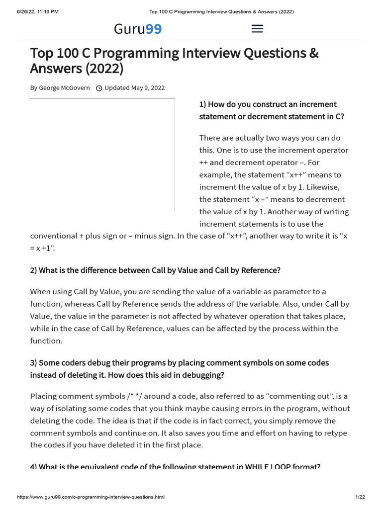 Top 100 C Programming Interview Questions & Answers (2022) | PDF | Programming | Computer Program