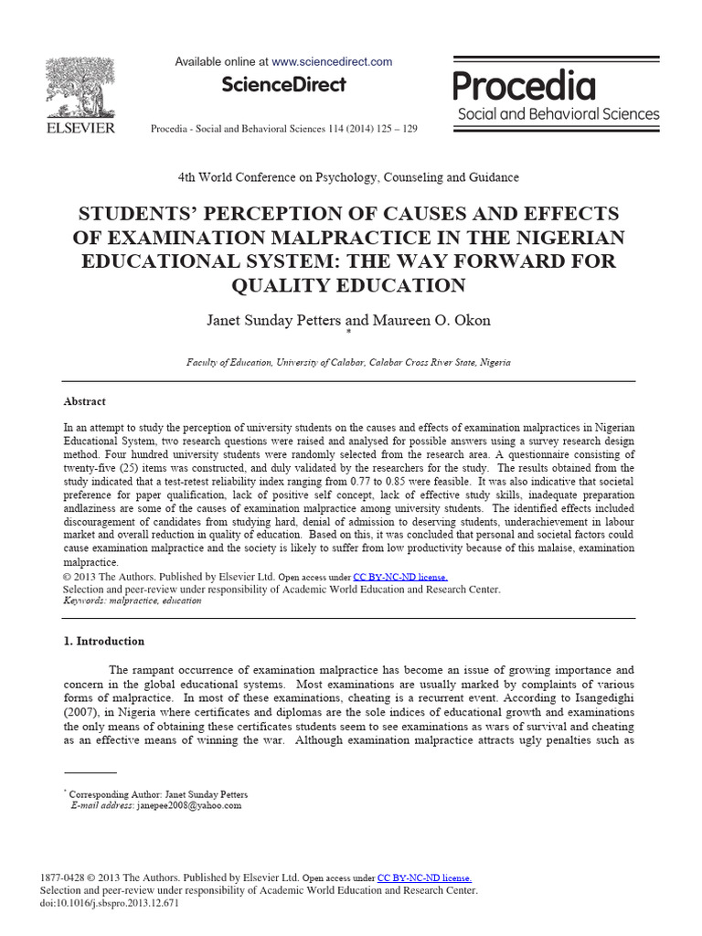 Causes and Effects of Exam Malpractice in Nigeria | PDF | Survey ...