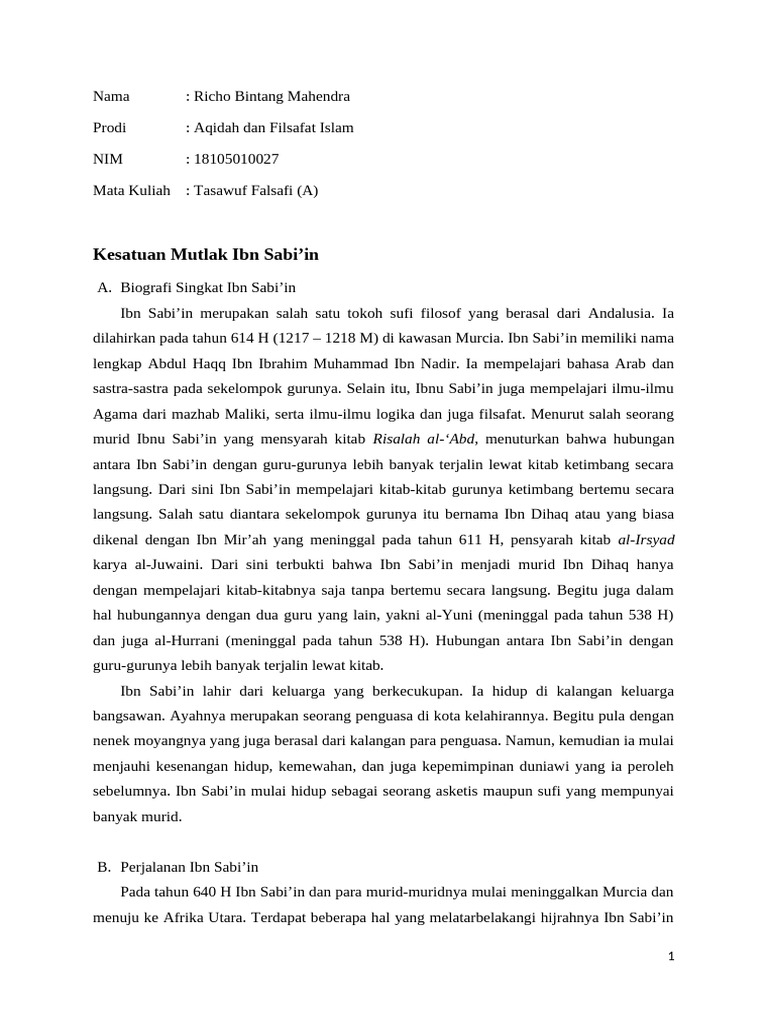 18105010027_richo Bintang Mahendra_resume Ibn Sabi'In | PDF