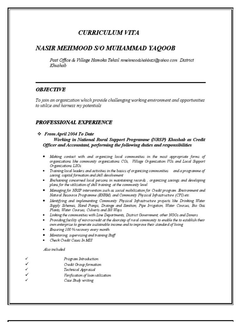 Curriculum Vita Nasir Mehmood S/O Muhammad Yaqoob | PDF | Pakistan | Water And Politics