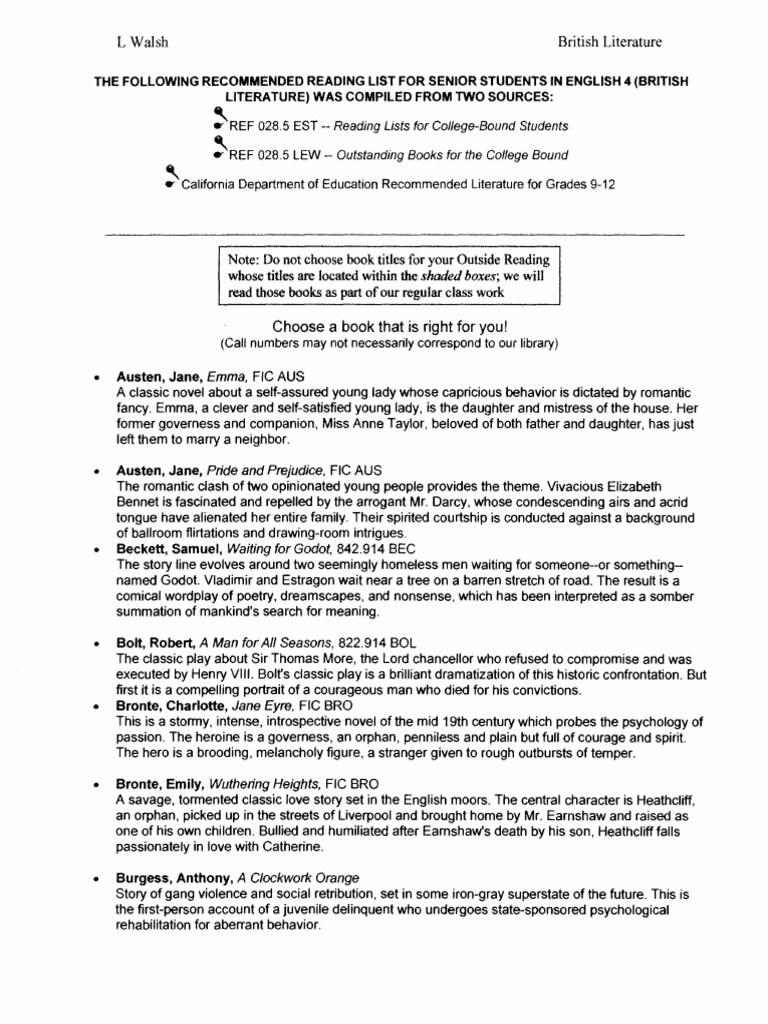 12th Grade Reading List | PDF | David Copperfield | Great Expectations