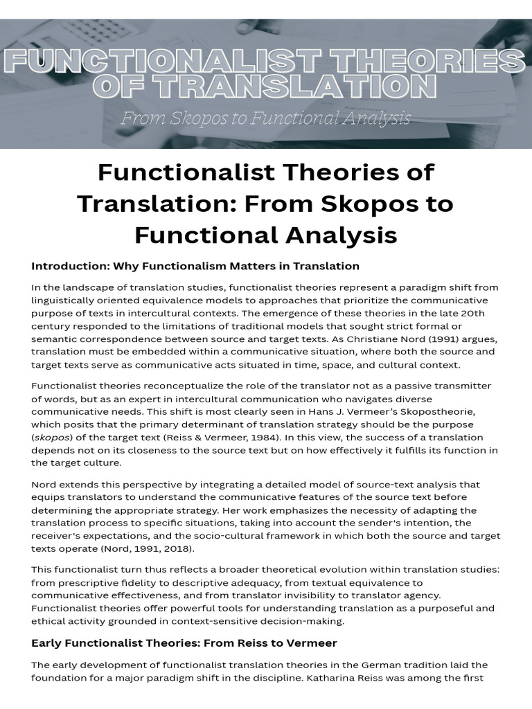 Functionalist Theories of Translation From Skopos To Functional ...