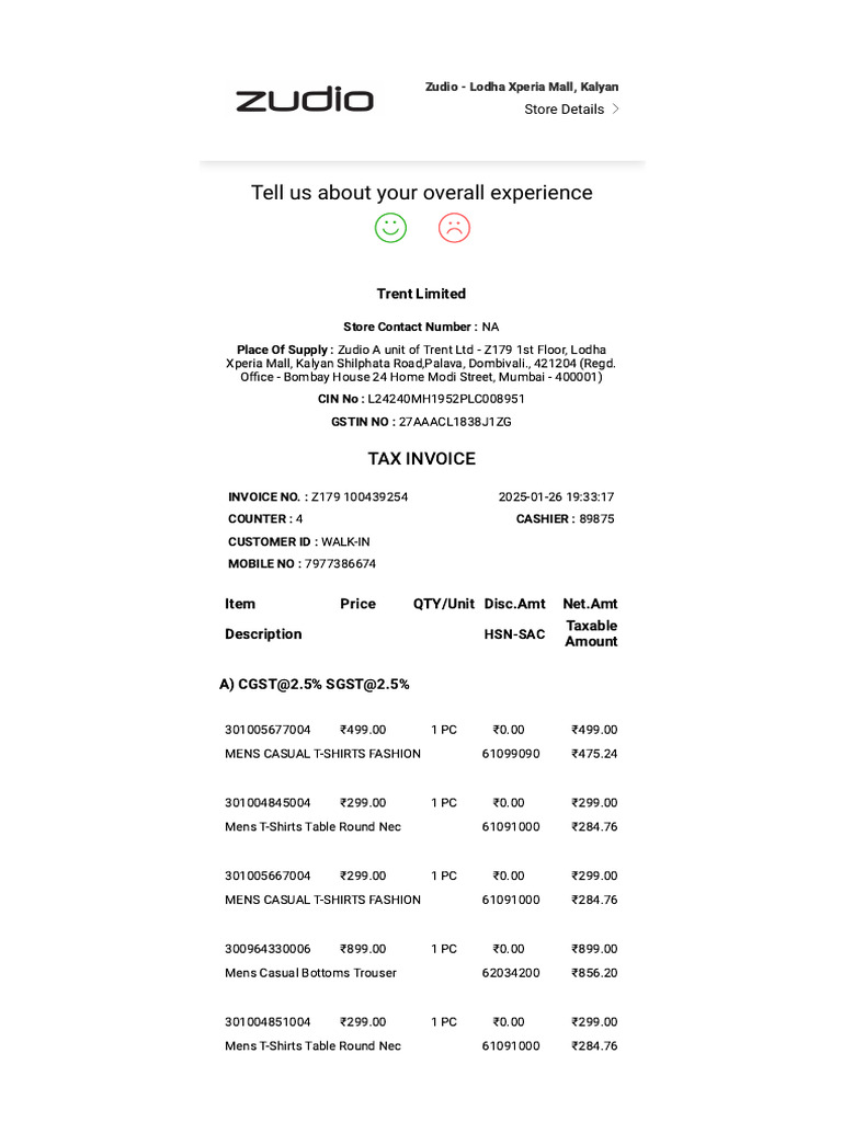 Zudio Invoice Summary - Kalyan Store | PDF | Payments | Taxation