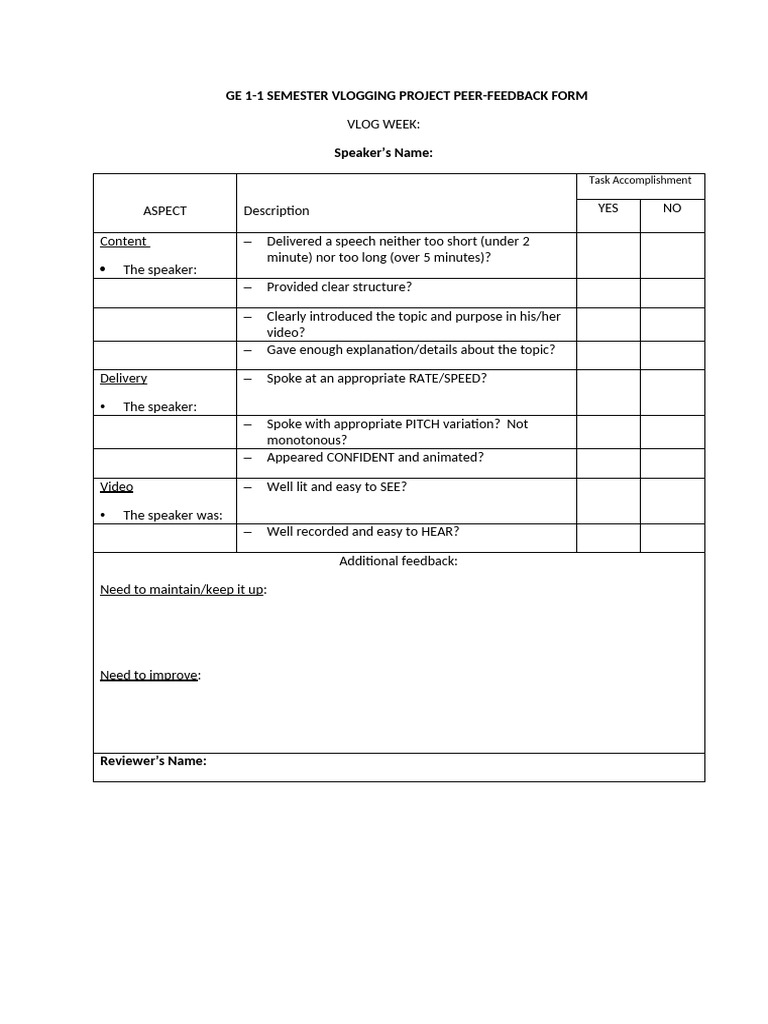 Vlogging Feedback - Clean Sheet | PDF