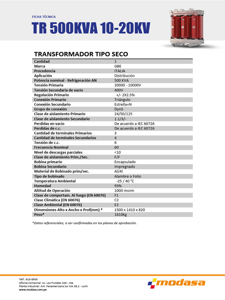 Ficha Tecnica - TR 500kva 10-20kv | PDF | Transformador | Ingeniería de ...