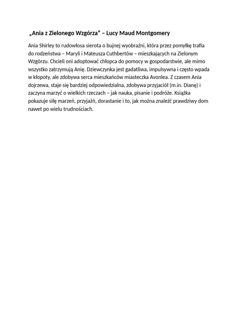 Ania Z Zielonego Wzgórza Streszczenie | PDF