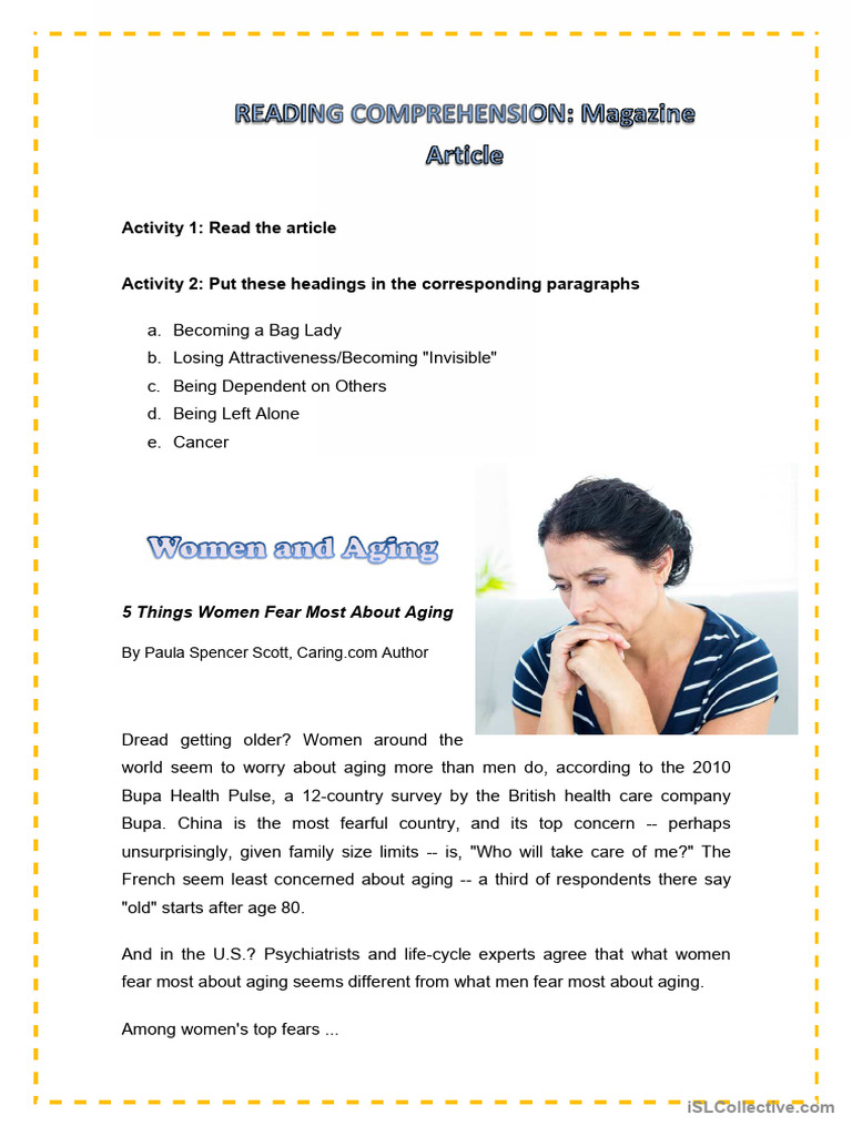 READING COMPREHENSION - Magazine Article - Women and Aging | PDF ...