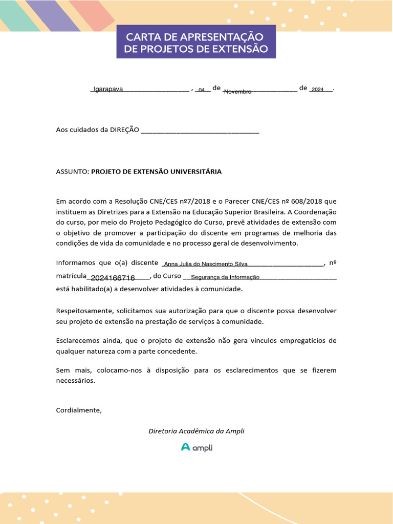 Carta Apresentacao Projetos Ampli | PDF