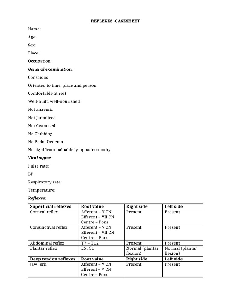 Reflexes Casesheet 2025 | PDF
