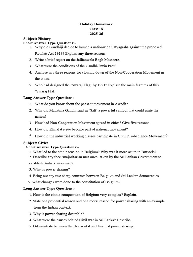 Holiday Homework - Class X | PDF