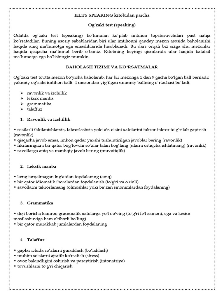 IELTS SPEAKING Baholash Mezonlari (@cambridgeIELTSbooks) | PDF