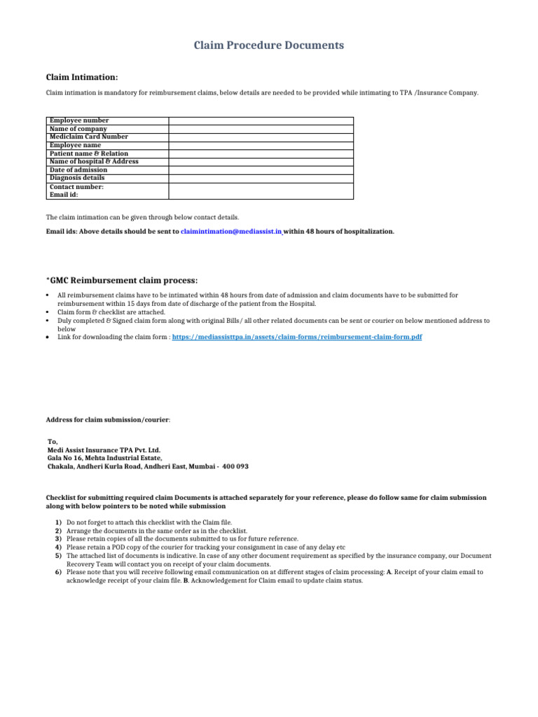 Claim Procedure Documents Cashless & Reimbursement | PDF | Hospital ...