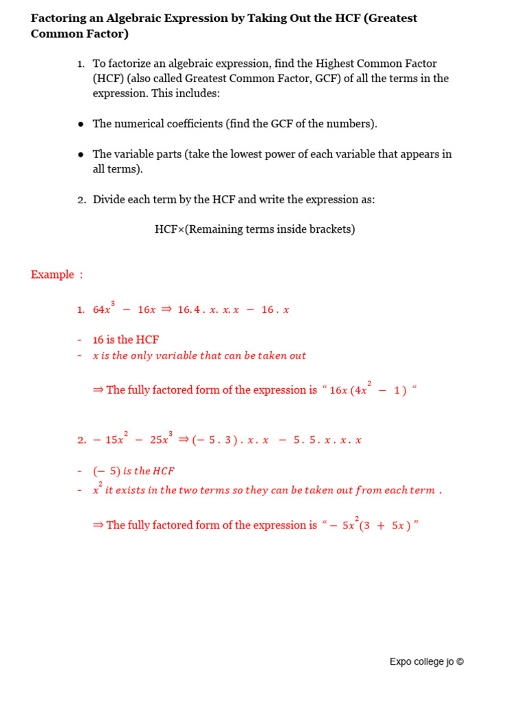 Factoring An Algebraic Expression by Taking Out The HCF (Greatest ...