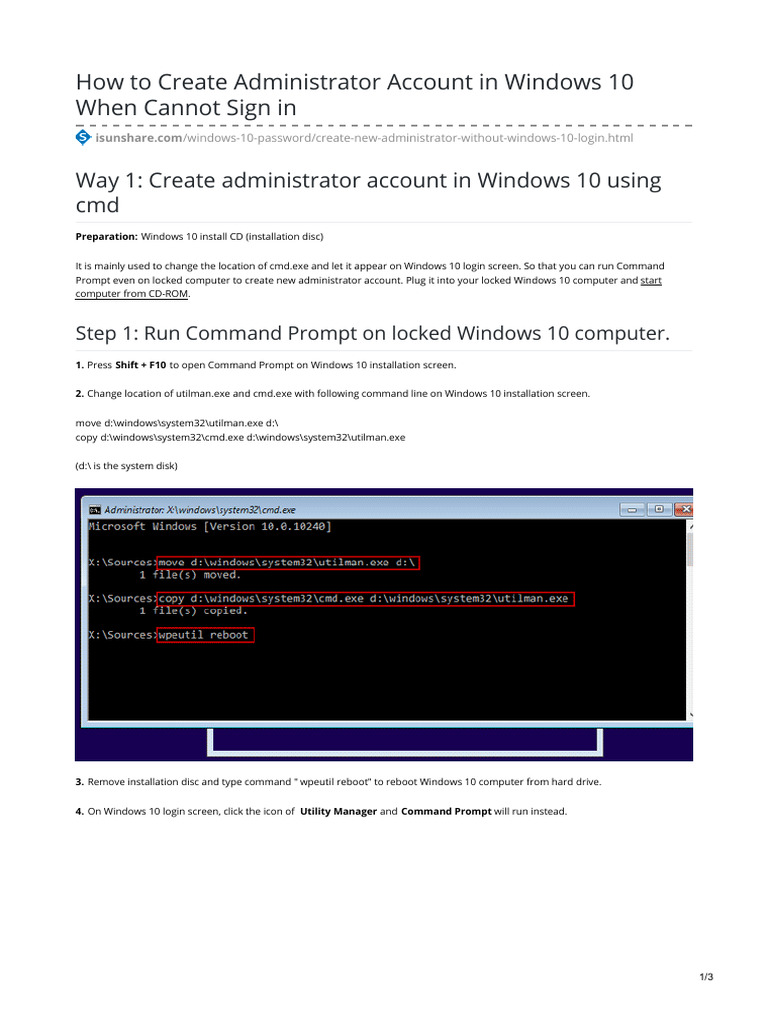 How To Create Administrator Account in Windows 10 When Cannot Sign in | PDF | Windows 10 ...